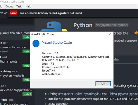 `end of central directory record signature not found` during extension