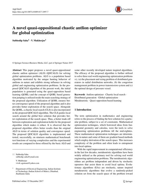 Pdf A Novel Quasi Oppositional Chaotic Antlion Optimizer For Global