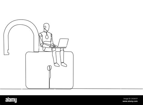 Single Continuous Line Drawing Robotic Artificial Intelligence Sitting On Big Open Padlock