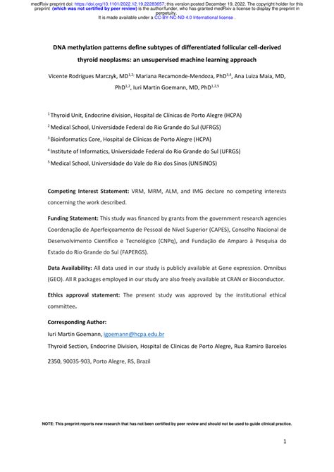 Pdf Dna Methylation Patterns Define Subtypes Of Differentiated Follicular Cell Derived Thyroid