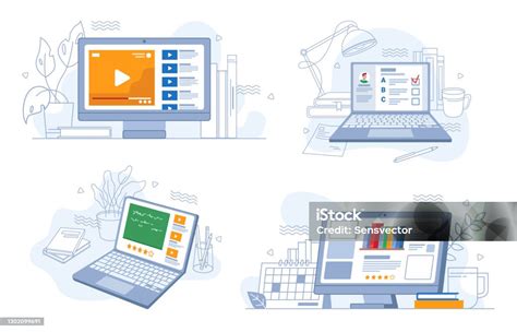 온라인 웨비나 교육 및 작업 E러닝 세트 플랫 만화 벡터 비디오 자습서 거리 교육에 대한 테스트 지식 마크 평가 현대 컴퓨터 기술을 사용하여 연구 및 학습 인터넷에 대한