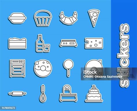 세트 라인 케이크 벽돌 스토브 치즈 크로와상 우유와 유리가 든 유리 병 브라우니 초콜릿 케이크 마카롱 쿠키 및 전자 저울 아이콘 벡터 규모에 대한 스톡 벡터 아트 및 기타