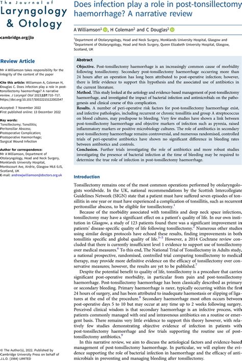 Does Infection Play A Role In Post Tonsillectomy Haemorrhage A