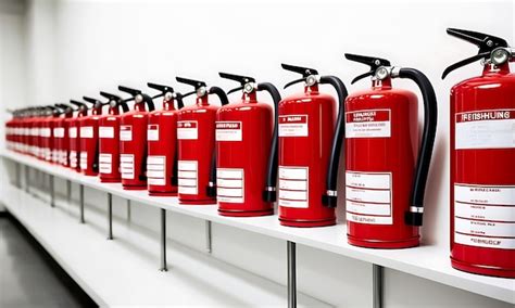 Perfectly Aligned Row Of Bright Red Fire Extinguishers Premium AI