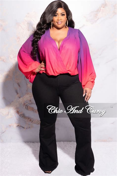 Final Sale Plus Size Chiffon Faux Wrap Blouse In Purple And Fuchsia