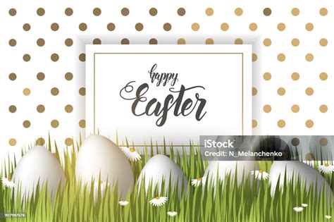 부활절 달걀과 카모마일 손 포스터 골든 도트 패턴에 유행 글자를 행복 한 부활절를 했다 배너 전단지 브로셔입니다 휴일 엽서 웹 사이트에 대 한 배경 개체 그룹에 대한 스톡