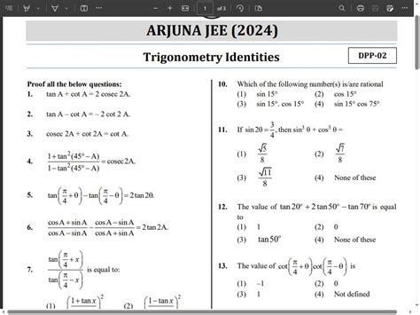 Arjuna Jee 2024 Trigonometry Identities Dpp 02 Proof All The Below Ques