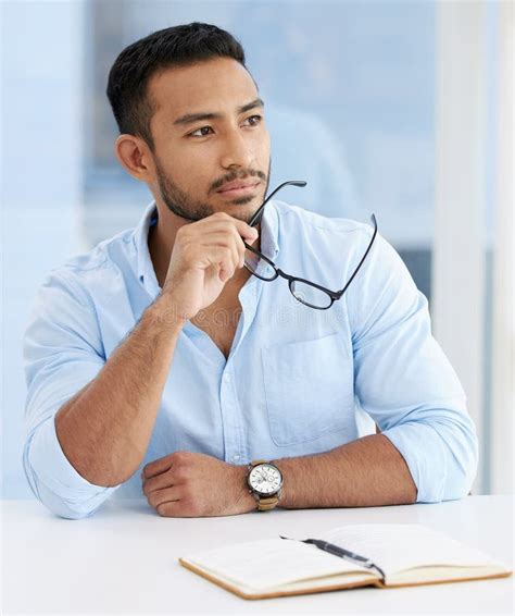 Man Glasses And Thinking For Ideas With Notebook Journalist Search