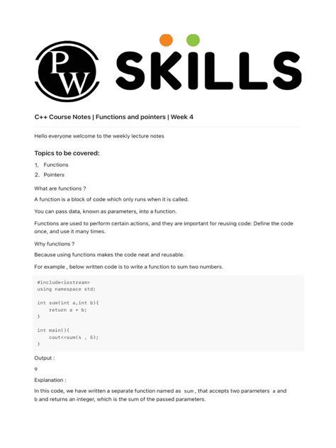 C Course Notes Functions And Pointers Week 4 Pdf Namespace