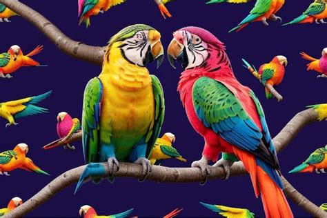 Two Colorful Parrots Are On A Tree Branch With A Background Of Birds