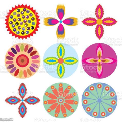 장식 둥근 만다라 같은 꽃 세트 기하학적 인 원형 꽃 벡터 요소입니다 현대 현대 민족 관 상용 꽃 디자인입니다 동양 인도 중국 스타일입니다 꽃 식물에 대한 스톡 벡터 아트