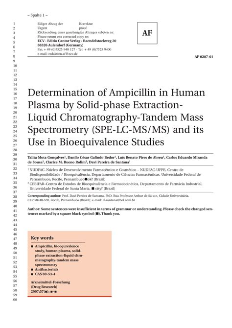 Pdf Determination Of Ampicillin In Human Plasma By Solid Phase Extraction Liquid
