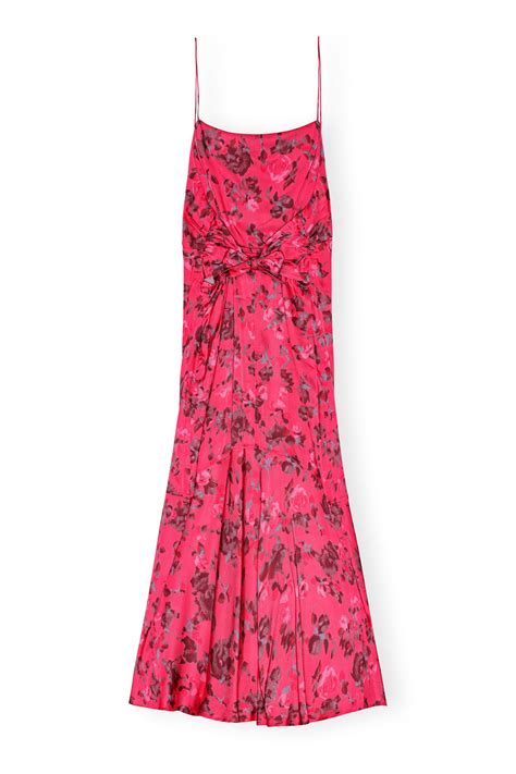 Raspberry Wine Pink Floral Printed Satin Midi Dress Ganni