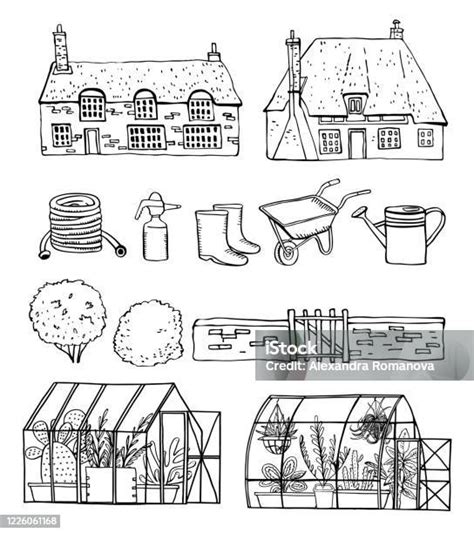 오래된 영국 주택 온실 원예 도구 및 조경 요소로 꾸며있습니다 손으로 그린 윤곽선 벡터 스케치 일러스트 개체 그룹에 대한 스톡 벡터 아트 및 기타 이미지 Istock