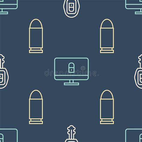 Set Line Car Key With Remote Bullet And Lock On Computer Monitor On Seamless Pattern Vector
