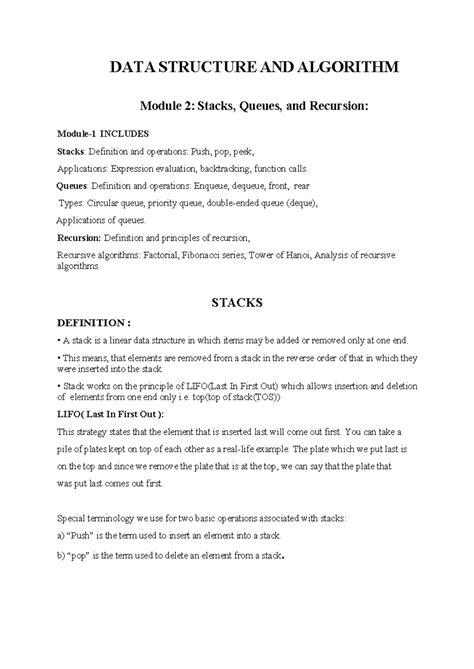 Data Structure And Algorithm Module 2 Stacks Queues Recursion
