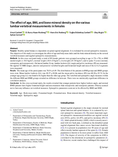 Pdf The Effect Of Age Bmi And Bone Mineral Density On The Various Lumbar Vertebral