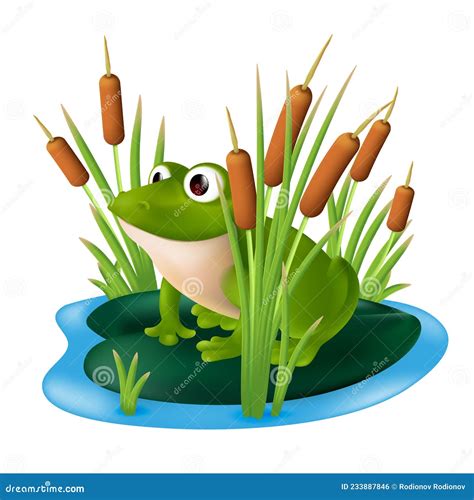 A Green Frog Sitting On A Lily Pad In A Pond With Reeds In The Marsh