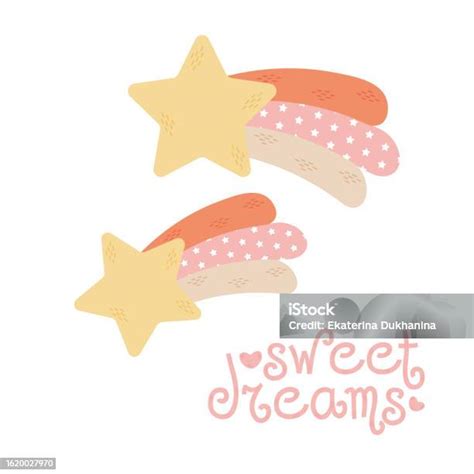 귀여운 혜성 별과 달콤한 꿈 글자가 새겨진 보육 카드 흰색 배경에 재미있는 인쇄 아이 벽 예술 디자인입니다 플랫 벡터 그림입니다 0명에 대한 스톡 벡터 아트 및 기타 이미지