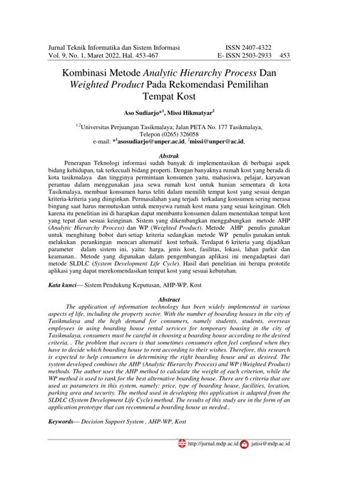 Pdf Kombinasi Metode Analytic Hierarchy Process Dan Weighted Product