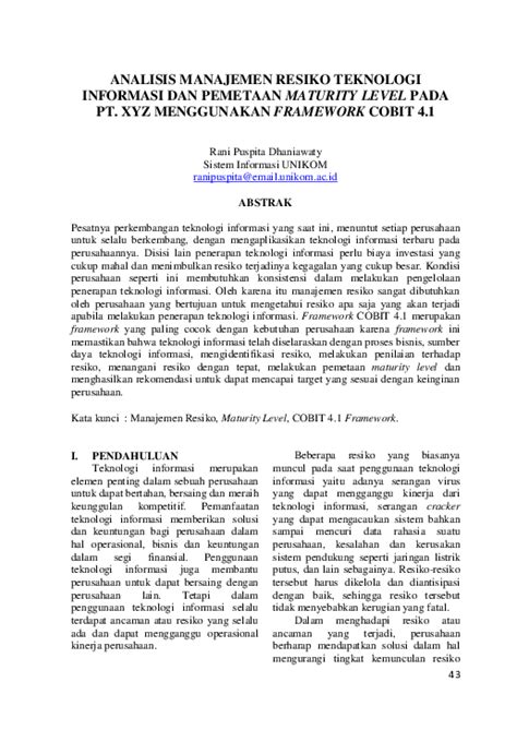Pdf Analisis Manajemen Resiko Teknologi Informasi Dan Pemetaan Maturity Level Pada Pt Xyz