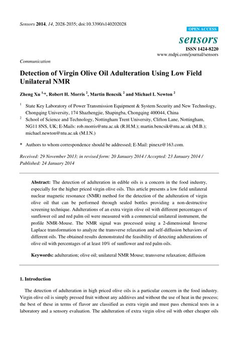 Pdf Detection Of Virgin Olive Oil Adulteration Using Low Field Unilateral Nmr