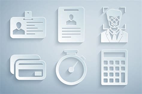 스톱워치 얼굴 인식 신용 카드 계산기 식별 배지 및 아이콘을 설정합니다 벡터 0명에 대한 스톡 벡터 아트 및 기타 이미지 0명 3차원 형태 가는 끈 Istock