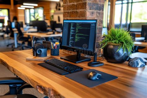 Modern Office Workspace With Computer Code On Screen Desk Plant And Office Supplies Bright