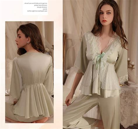 2 Piece Satin Lace Lingerie Set Pajama Set Lace Gown Long Lingeri