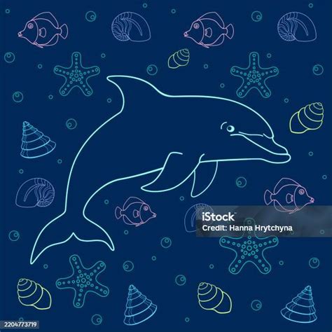 구근 조개 불가사리 및 작은 물고기로 둘러싸인 돌고래의 매끄러운 패턴 껍데기에 대한 스톡 벡터 아트 및 기타 이미지 껍데기 꼬리 낙서 드로잉 Istock