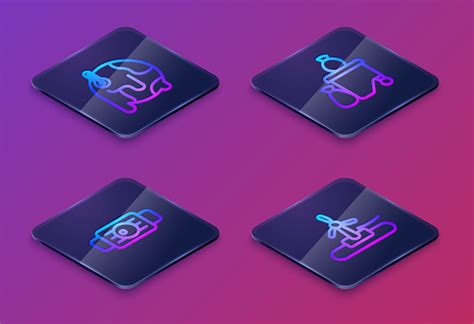 이소메트릭 라인 지구 온난화 의료 용 보호 마스크 전체 쓰레기통 및 풍력 터빈을 설정합니다 파란색 정사각형 버튼 벡터 0명에 대한 스톡 벡터 아트 및 기타 이미지 Istock