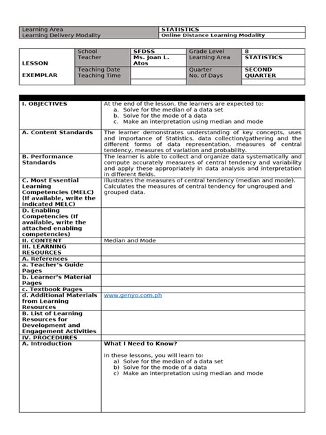 Q2 Exemplar Median And Mode Of Ungrouped Data Pdf