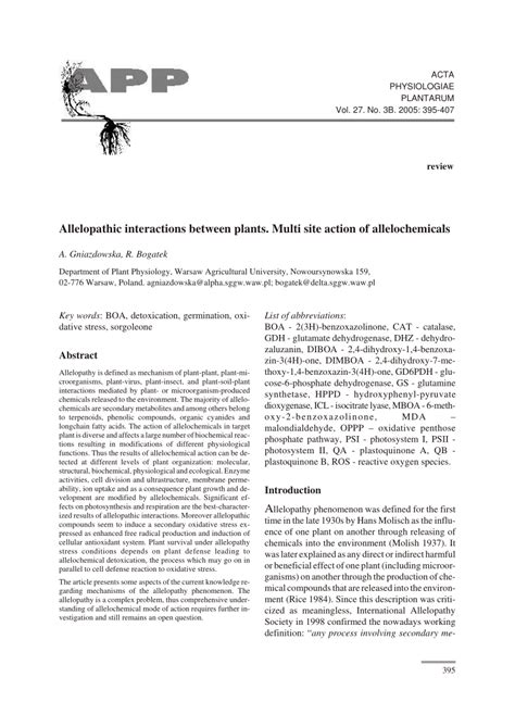 Pdf Allelopathic Interactions Between Plants Multi Site Action Of