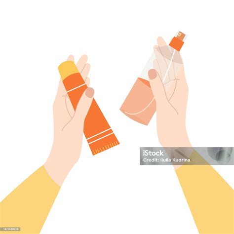 다른 병에 자외선 차단제를 들고 있는 여성 손 자외선 차단 제비 오일 젤 보습제 스프레이 자외선 차단 Spf로 스킨 케어 벡터