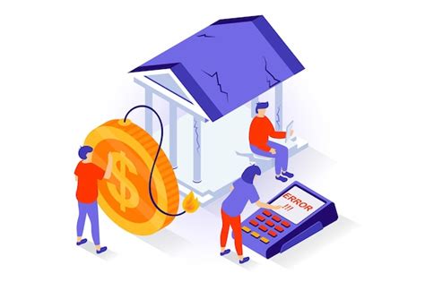 3d 아이소메트릭 디자인의 실업 및 위기 개념 경제 위기와 금융 불황 파산 및 빈곤 웹 그래픽용 아이소메트리 장면이 포함된 벡터 그림 프리미엄 벡터