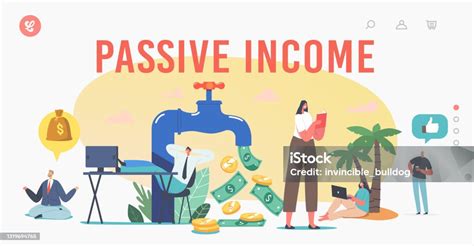 수동 소득 방문 페이지 템플릿 돈 흐름과 거대한 탭 주위에 작은 문자 주식 시장 투자 작업 개념에 대한 스톡 벡터 아트 및 기타