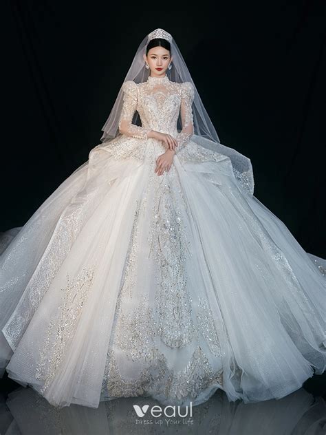 Luxury Gorgeous White Beading Rhinestone Sequins Wedding Dresses 2024