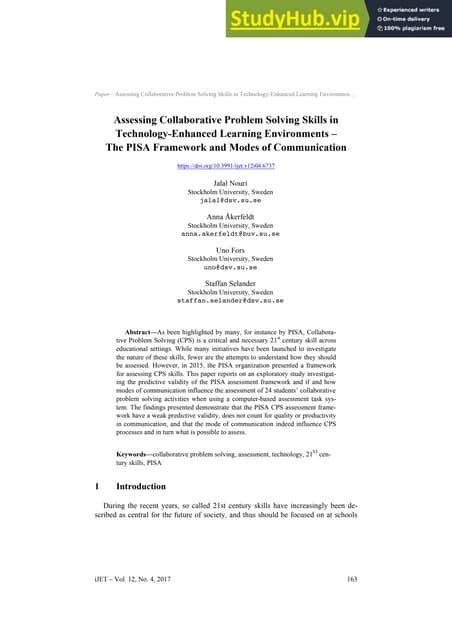 a framework for the assessment and training of collaborative problem