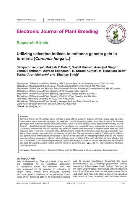 Pdf Electronic Journal Of Plant Breeding Utilizing Selection Indices To Enhance Genetic Gain