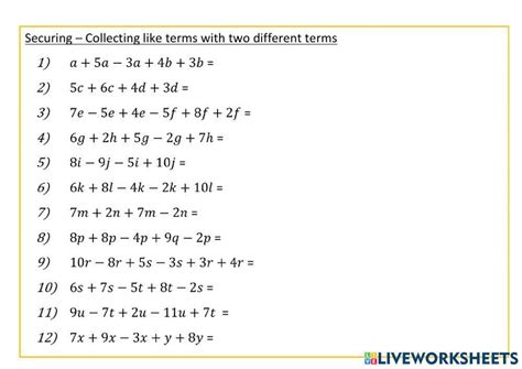 Collecting Like Terms Worksheet