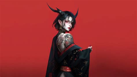 1365h Anime Girl Tattoo Red Eyes Demon Horn 4k Wallpaper 4k Pc