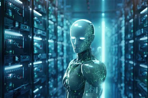 D Rendering Humanoid Robot Working In Server Room With Binary Code On Screen Futuristic