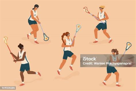 여자 라크로스 선수들이 공 캐릭터 벡터 세트를 제어합니다 여성 라크로스 선수들은 공과 막대기로 인물을 고립시켰다 라크로스에 대한 스톡 벡터 아트 및 기타 이미지 Istock