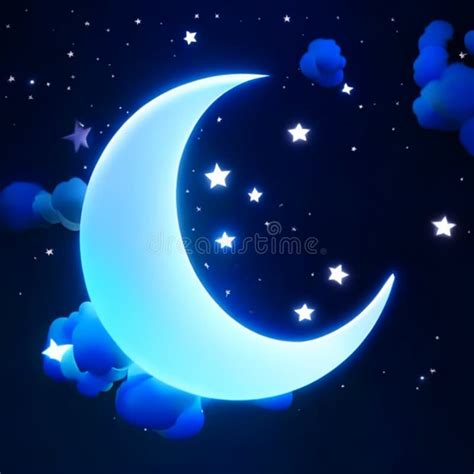 Illustration Of A Blue Crescent Moon With Clouds And Stars In The Night Sky Generative Ai Stock