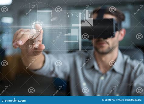 Man In VR Headset Touching Interface With Flare Stock Image Image Of Business Executive 96240727