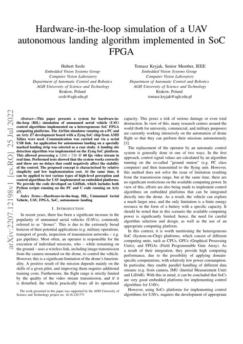 Pdf Hardware In The Loop Simulation Of A Uav Autonomous Landing Algorithm Implemented In Soc Fpga