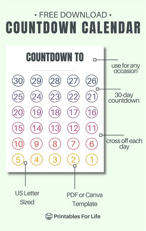 Free 30 Day Blank Countdown Calendar Printable
