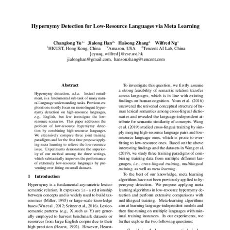 Hypernymy Detection For Low Resource Languages Via Meta Learning Acl Anthology