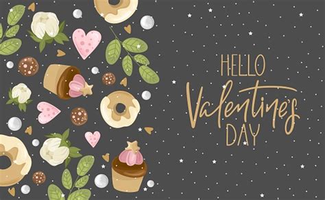 꽃 과자 가지 낭만적 인 요소와 필기 텍스트와 발렌타인 데이 인사말 카드 벡터 그림입니다 초대 인사 인사말 포스터에 대한