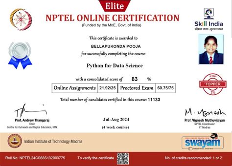 Datascience Python Continuouslearning Nptel Achievement Pooja Bellapukonda
